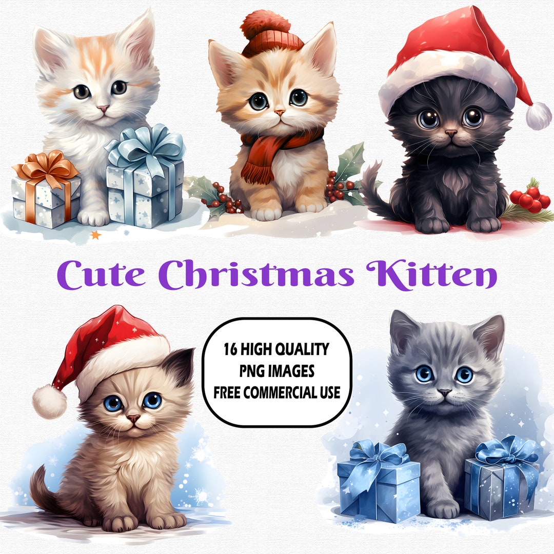 Watercolor Cute Christmas Kitten Clipart, 16 HQ 300 DPI PNG Images With ...