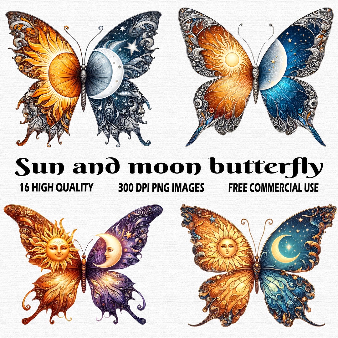 Sun and Moon Butterfly,16 PNG Images, Sublimation Butterfly Clipart ...