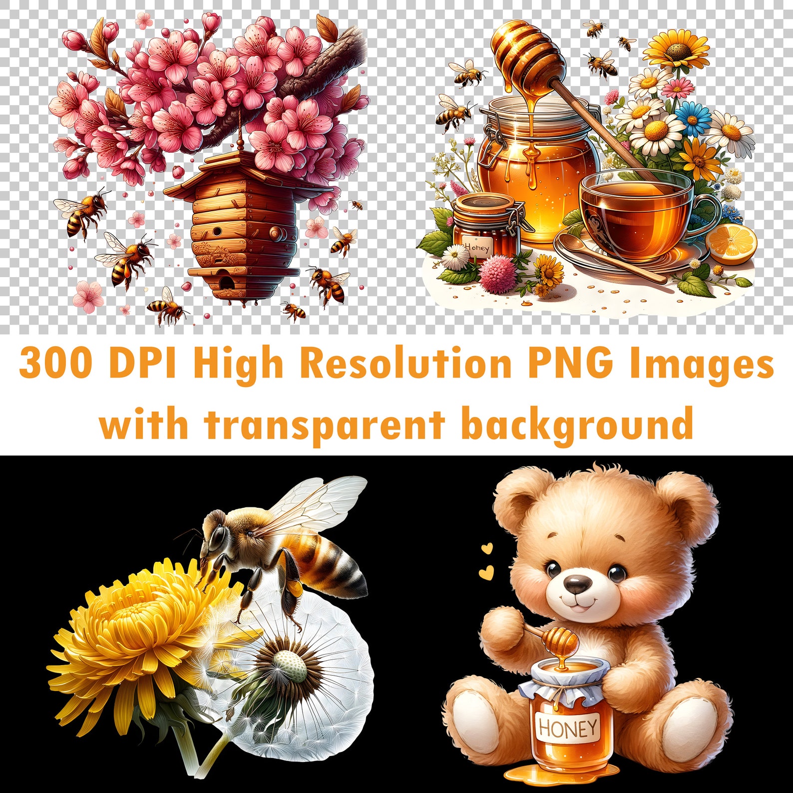 Honeybee and Honey, 22 (300 DPI) PNG Images, Watercolor Honeybee ...