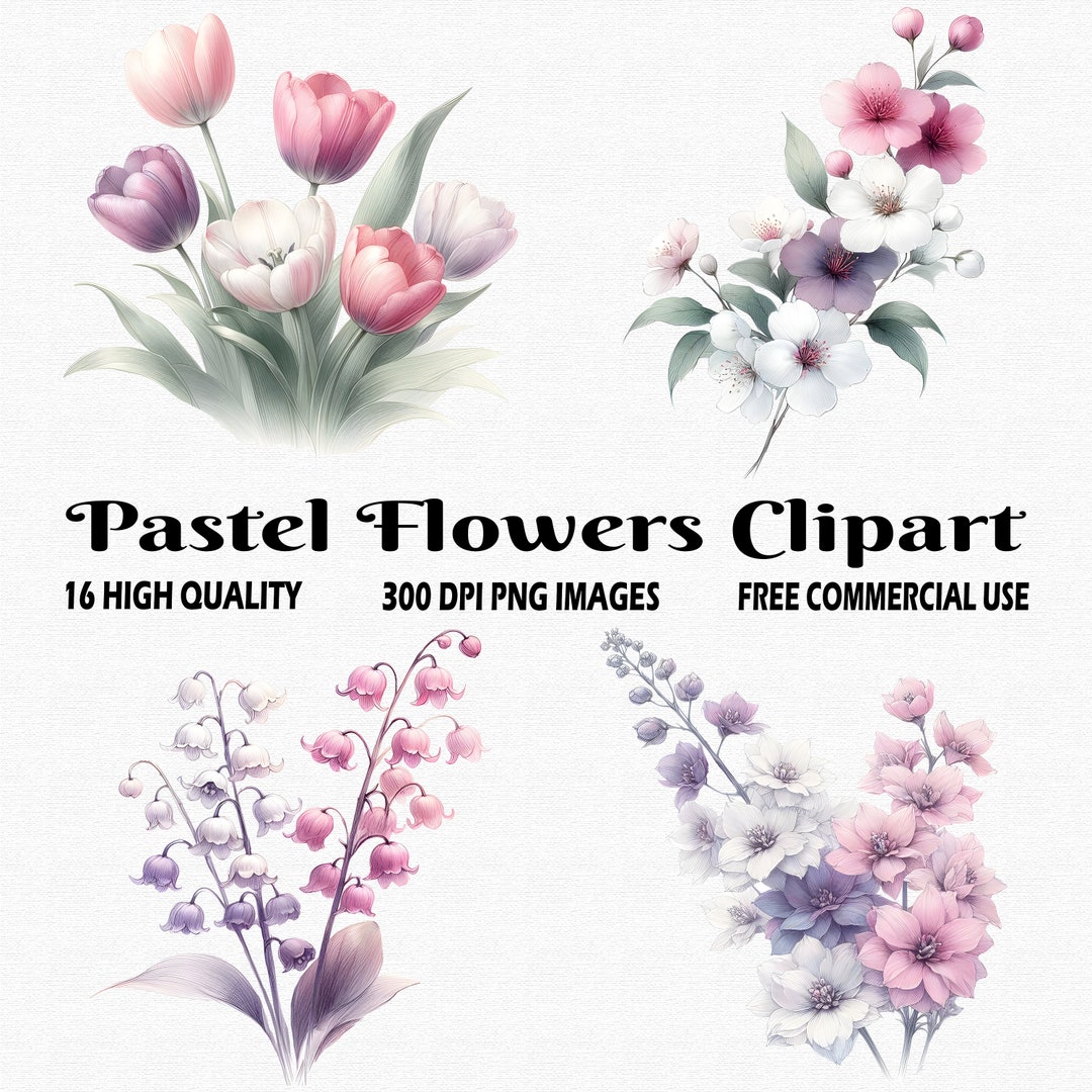 Pastel Flowers Clipart, 16 (300 DPI) Images, Wedding Flowers Clipart ...