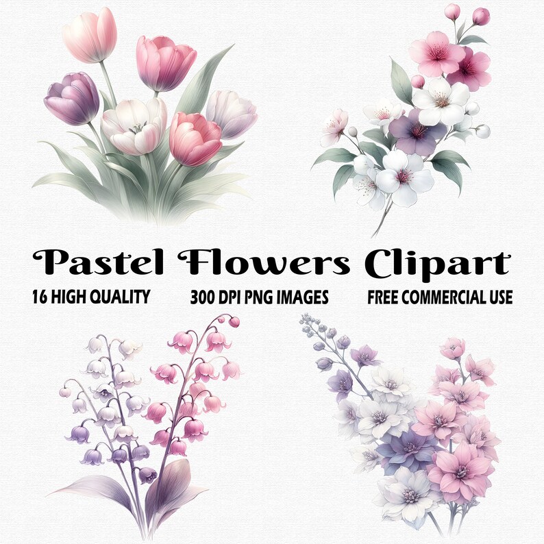 Pastel Flowers Clipart, 16 (300 DPI) Images, Wedding Flowers Clipart ...