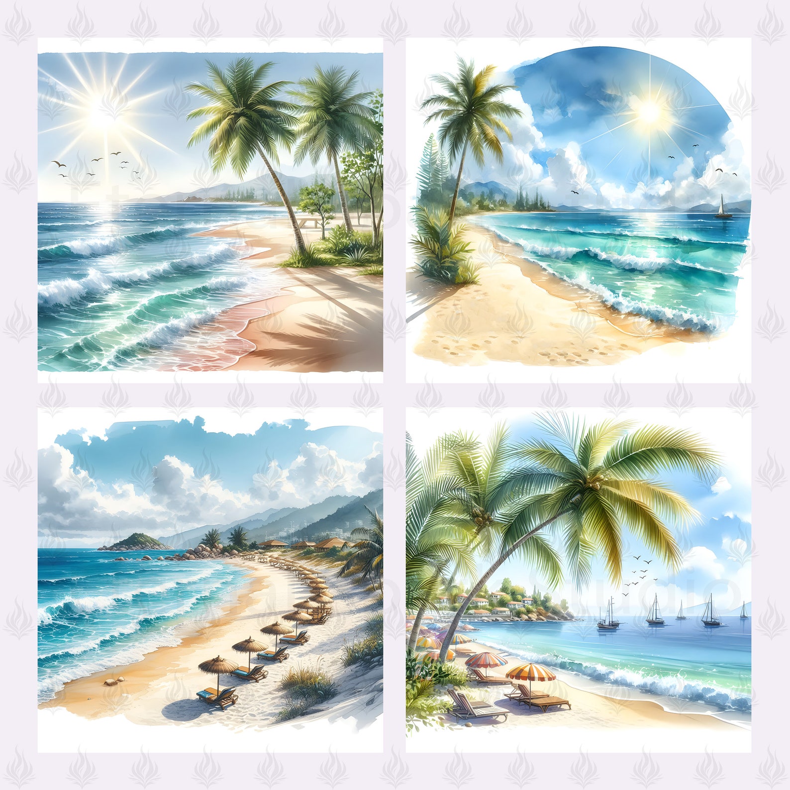 Watercolor Sunny Beach Clipart, 24 HQ (300 DPI) JPG Images, Watercolor ...