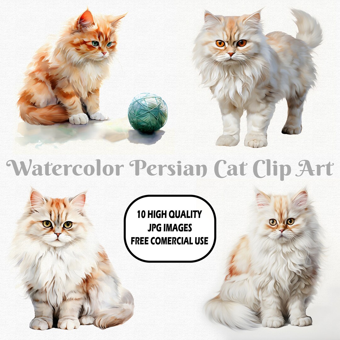 Watercolor Persian Cat Clip Art, 10 High Quality (300 DPI) JPG Images ...