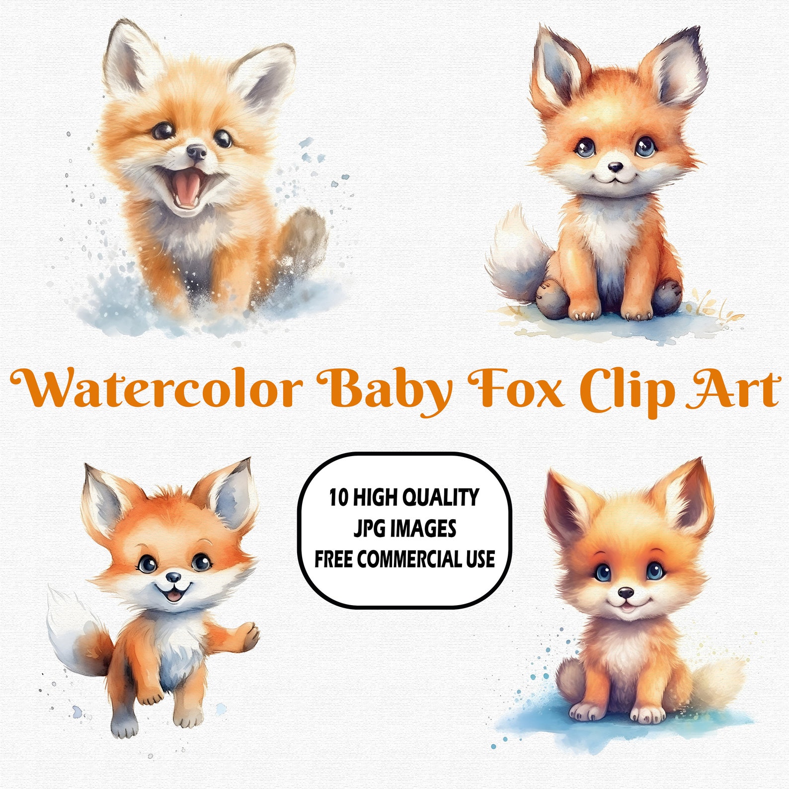 Watercolor Baby Fox Clip Art, 10 High Quality (300 DPI) JPG Images With ...