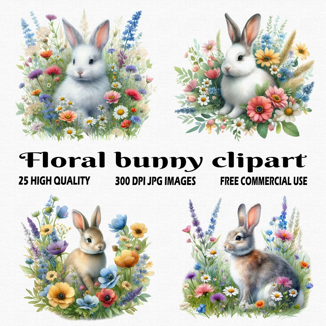 Floral Bunny Clipart, 25 (300 DPI) JPG Images, Bunny Wild Flowers ...