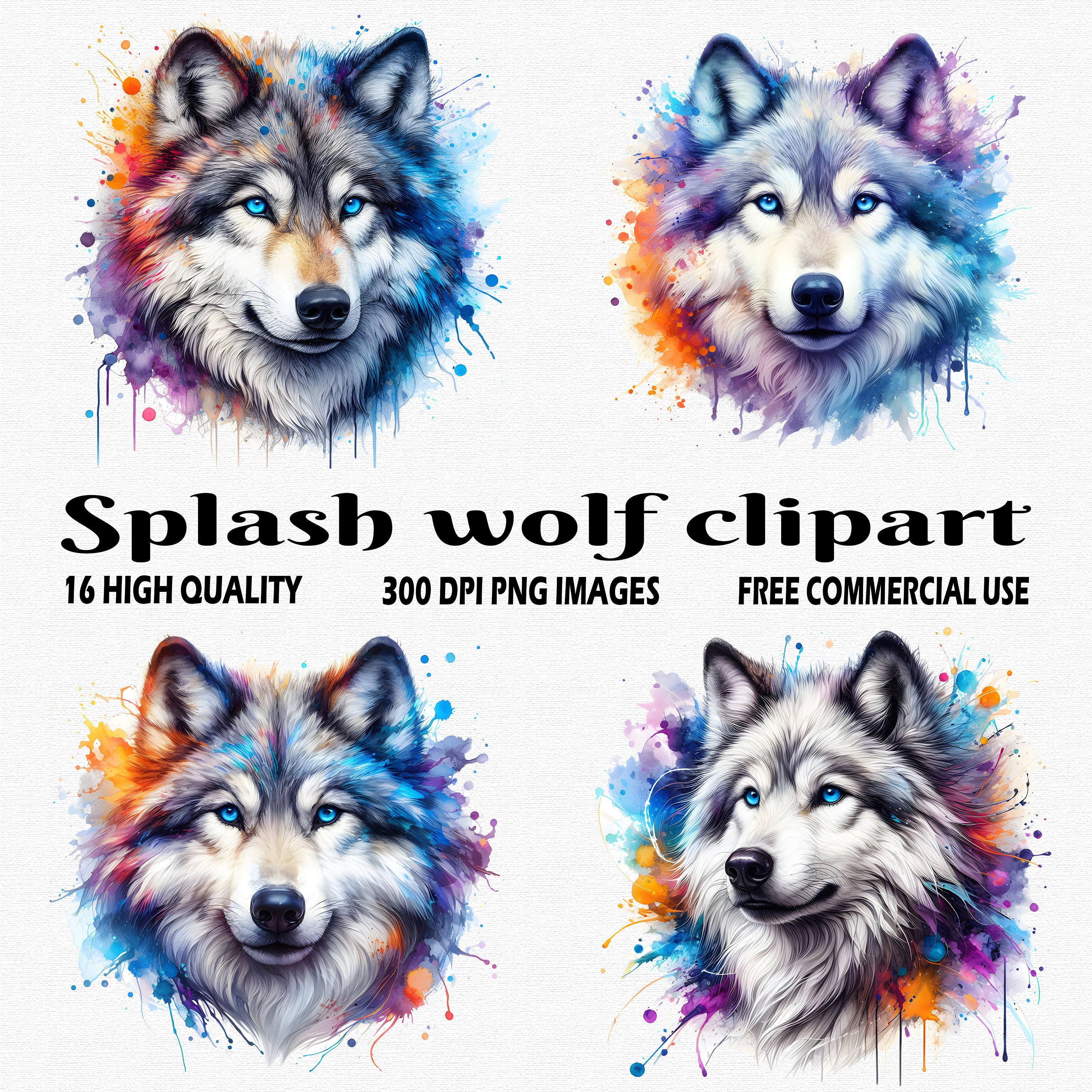 Splash Wolf Clipart, 16 (300 DPI) PNG Images, Cute Wolf Clipart, Arctic ...