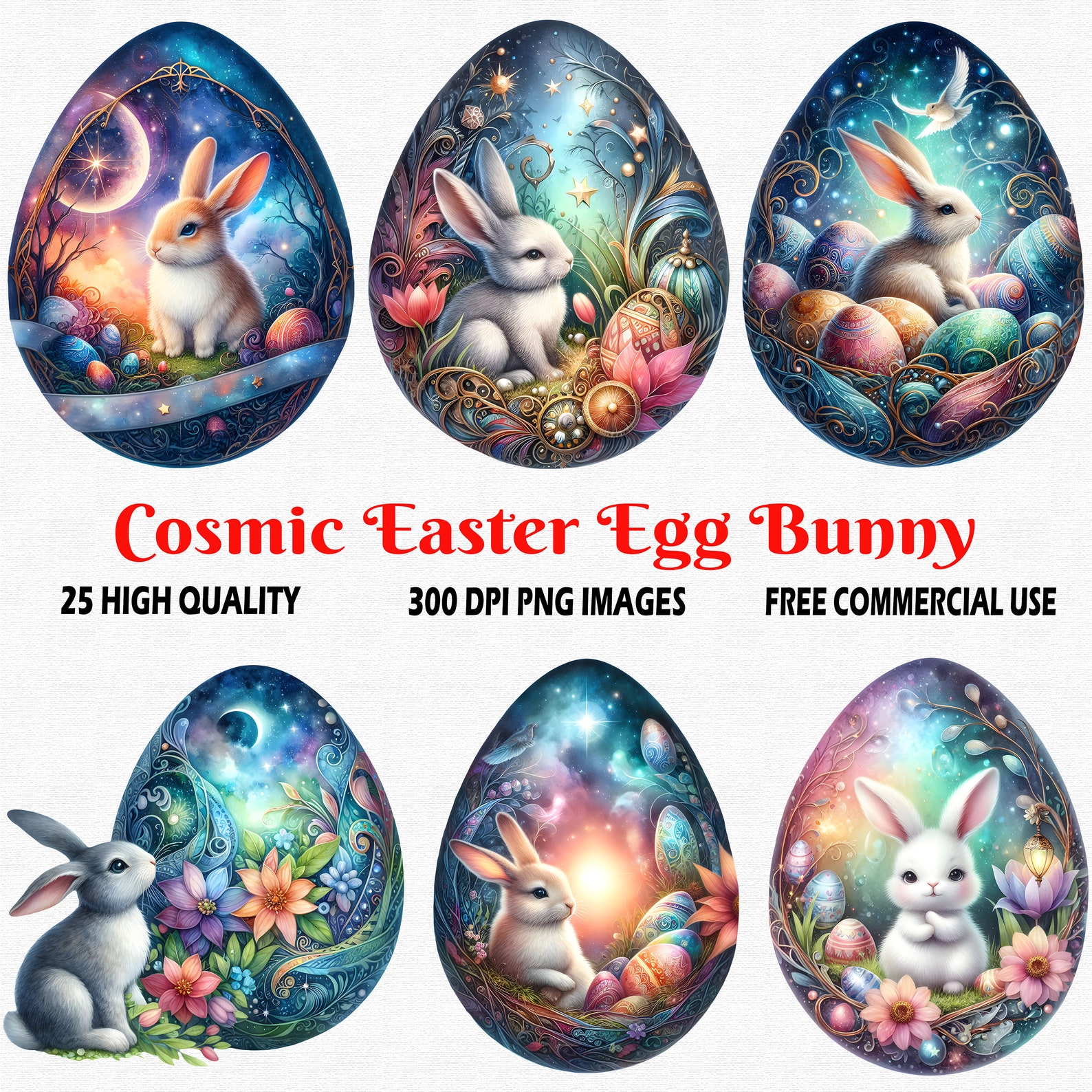 Watercolor Cosmic Easter Egg Bunny Clipart, 25 (300 DPI) Transparent Images, Sublimation Easter ...