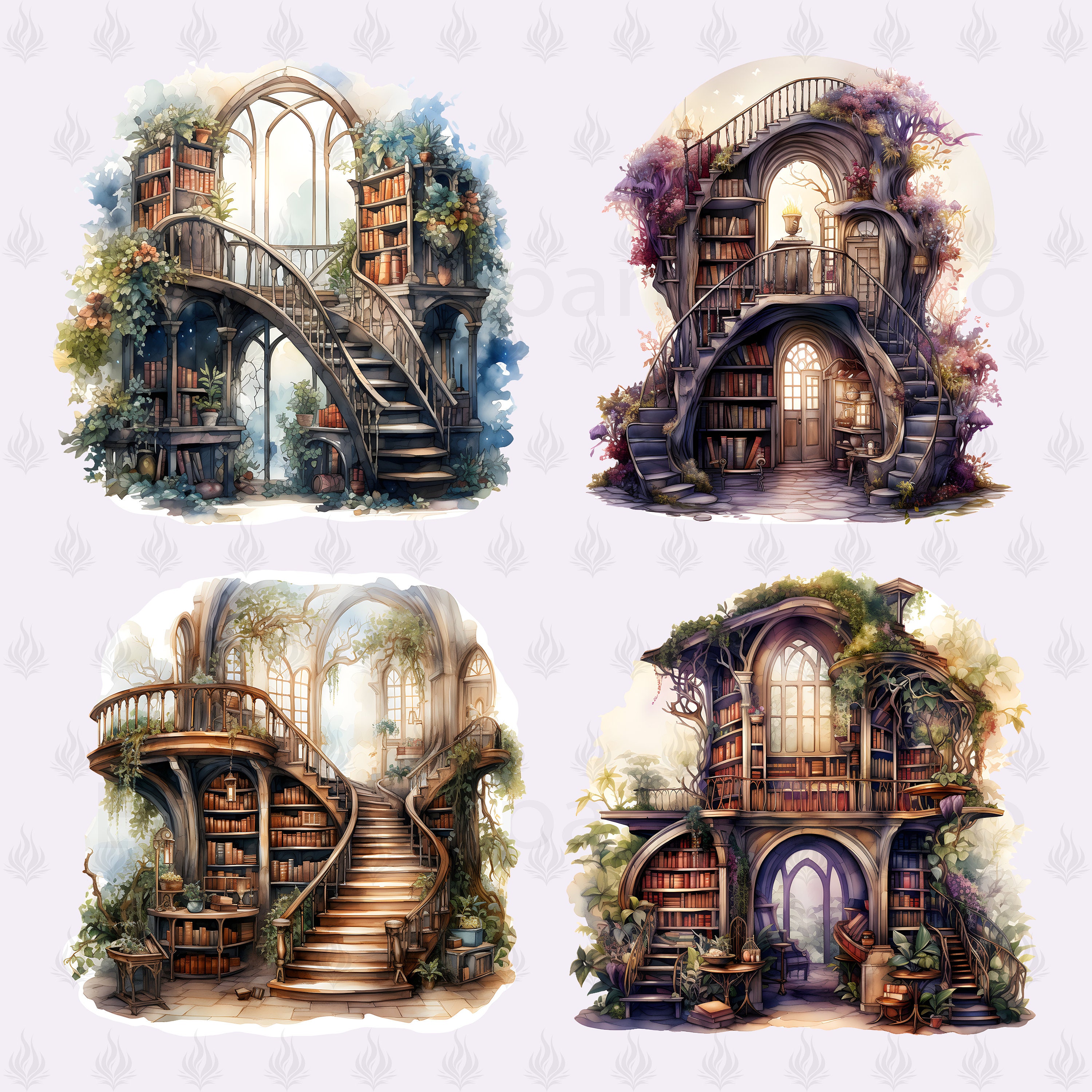 Watercolor Fantasy Library Clipart, 20 300 DPI Transparent Images ...