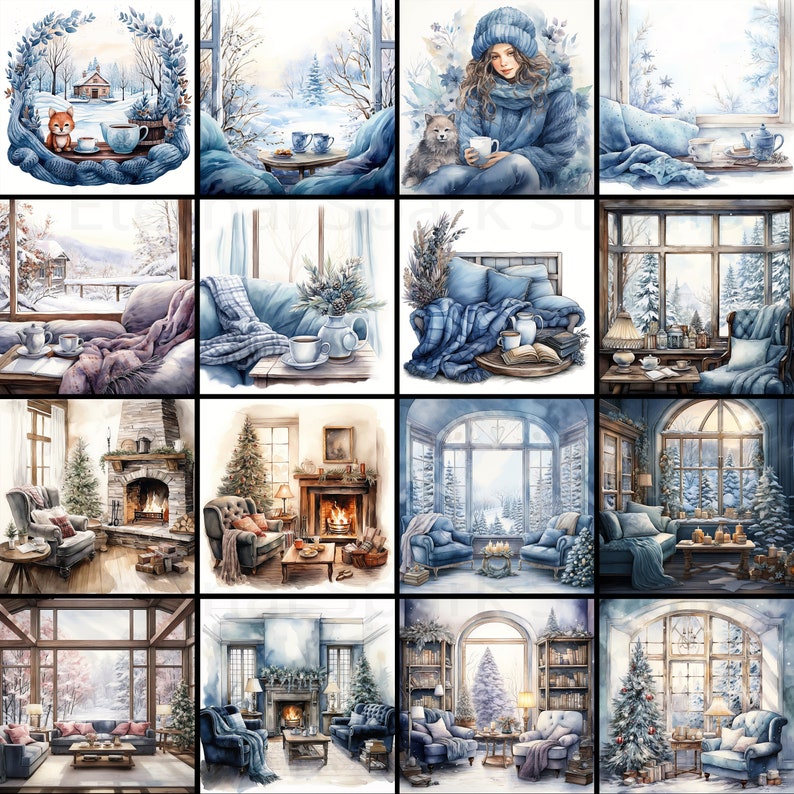 Watercolor Cozy Winter Digital Paper, 60 (300 DPI) JPG Images ...
