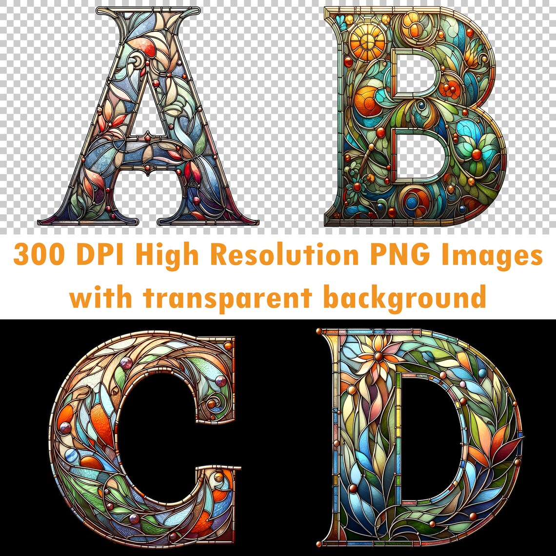 Stained Glass Alphabet Clipart, 26 300 DPI PNG Images, Colorful ...