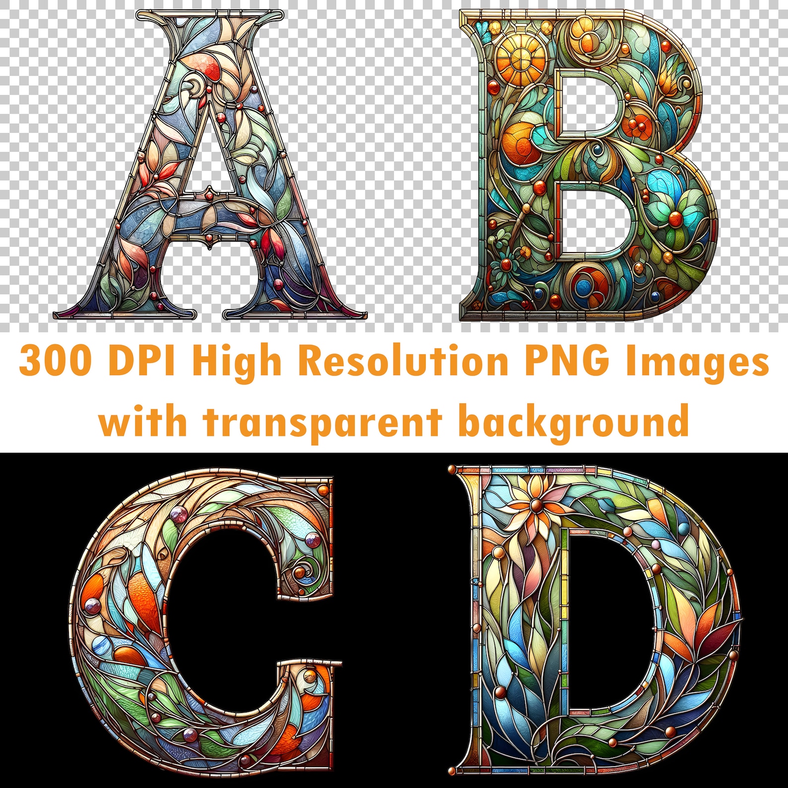Stained Glass Alphabet Clipart, 26 (300 DPI) PNG Images, Colorful ...