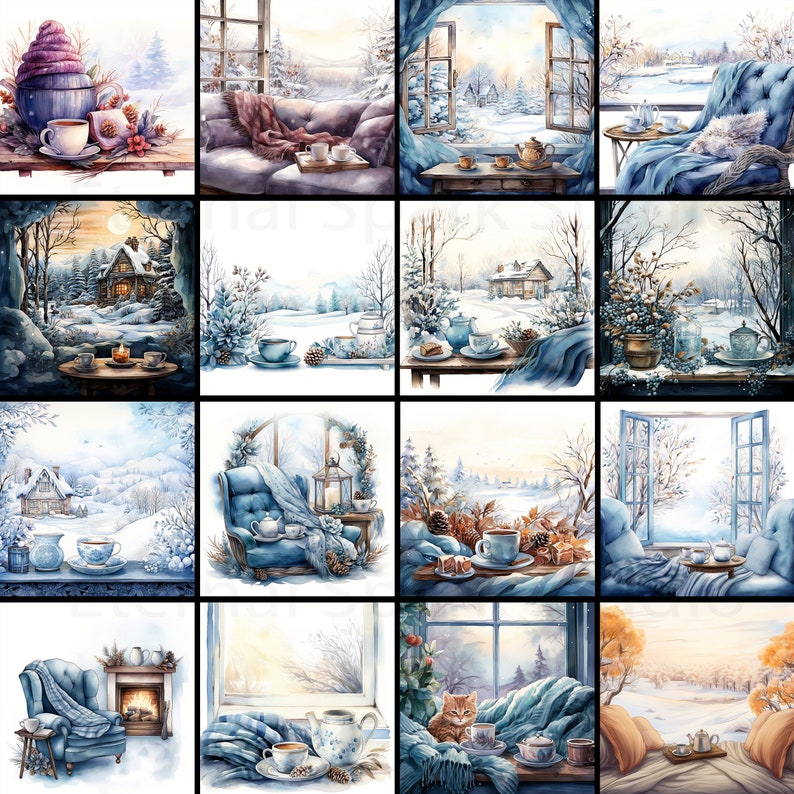 Watercolor Cozy Winter Digital Paper, 60 (300 DPI) JPG Images ...