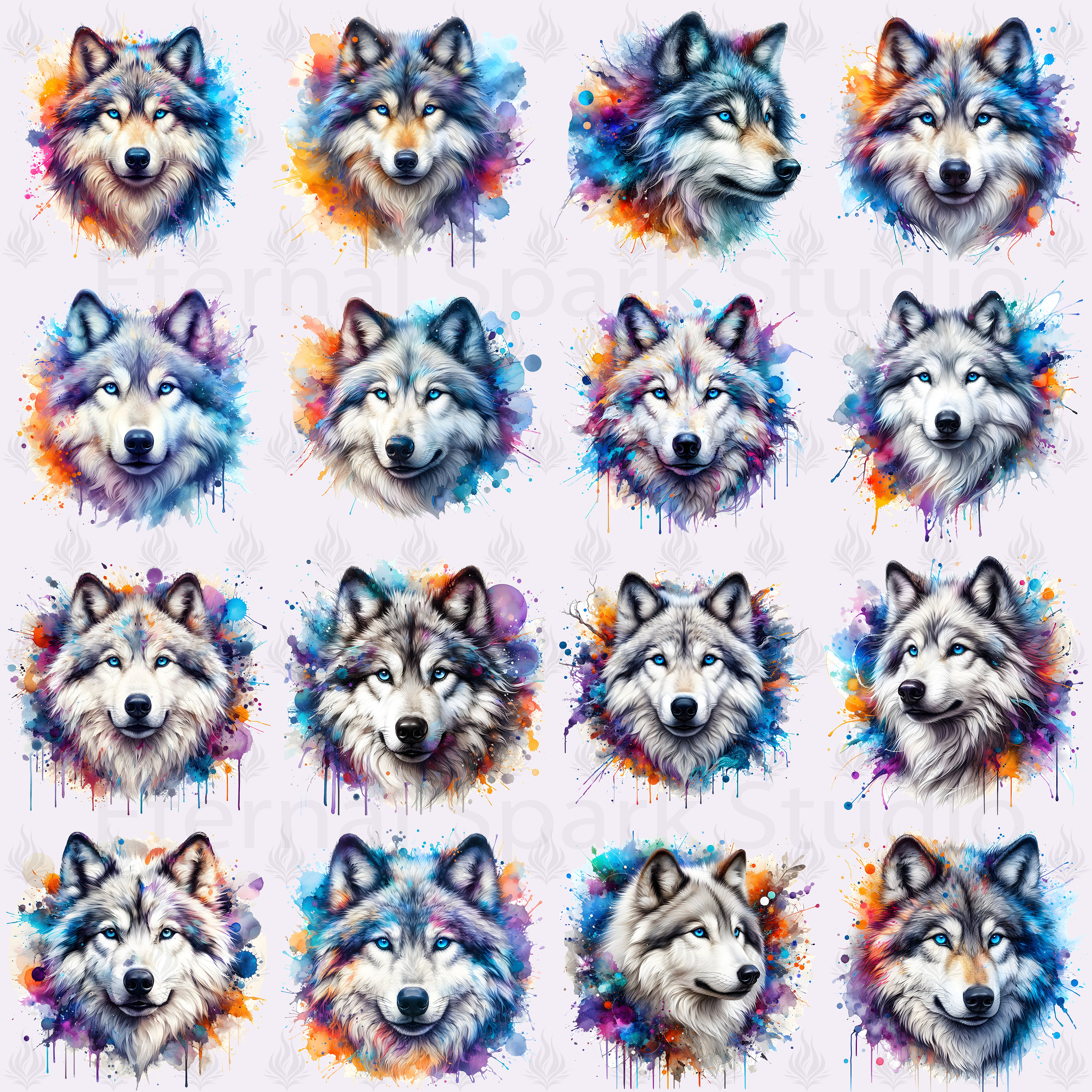Splash Wolf Clipart, 16 (300 DPI) PNG Images, Cute Wolf Clipart, Arctic ...