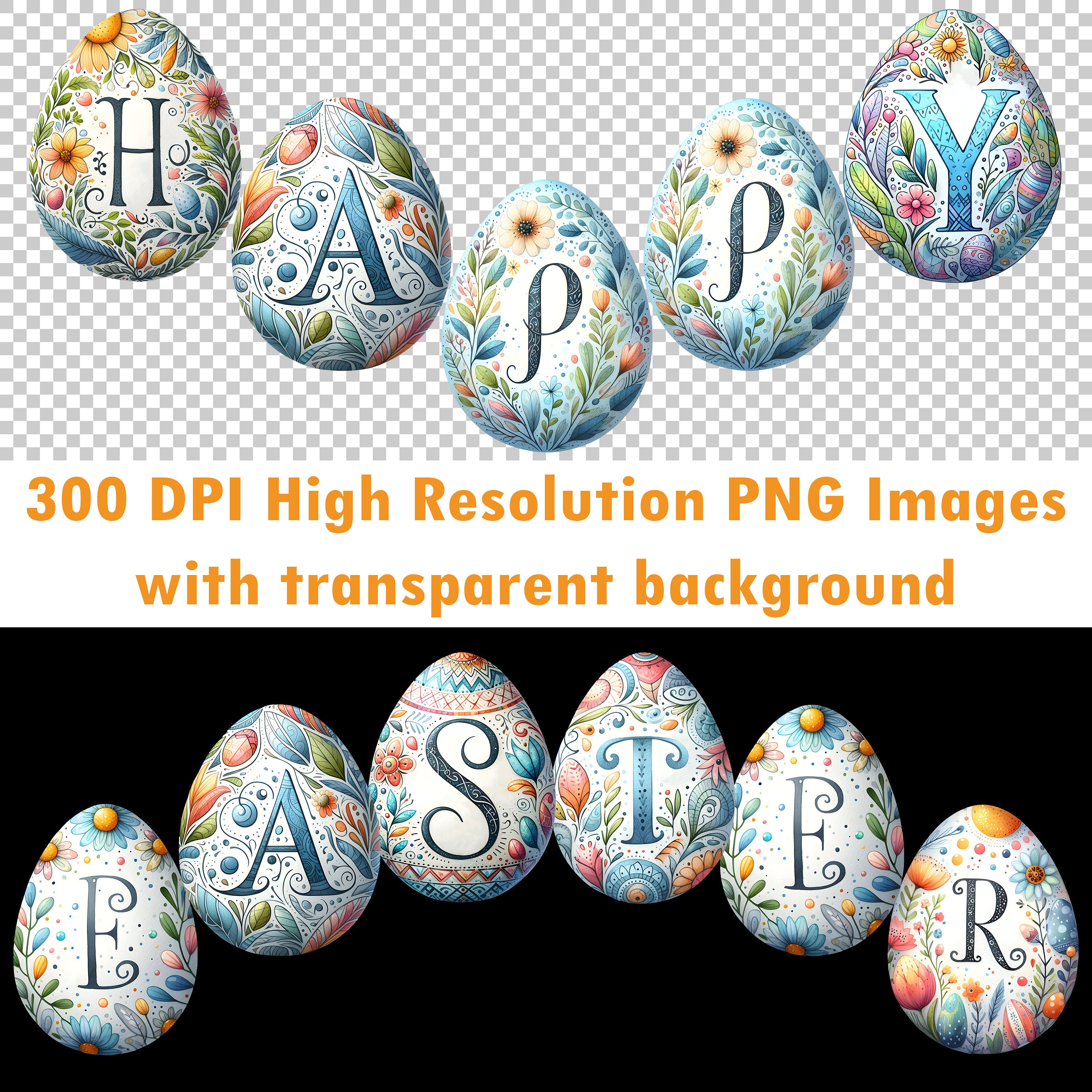 Watercolor Easter Egg Alphabet Clipart, 26 (300 DPI) PNG Transparent ...