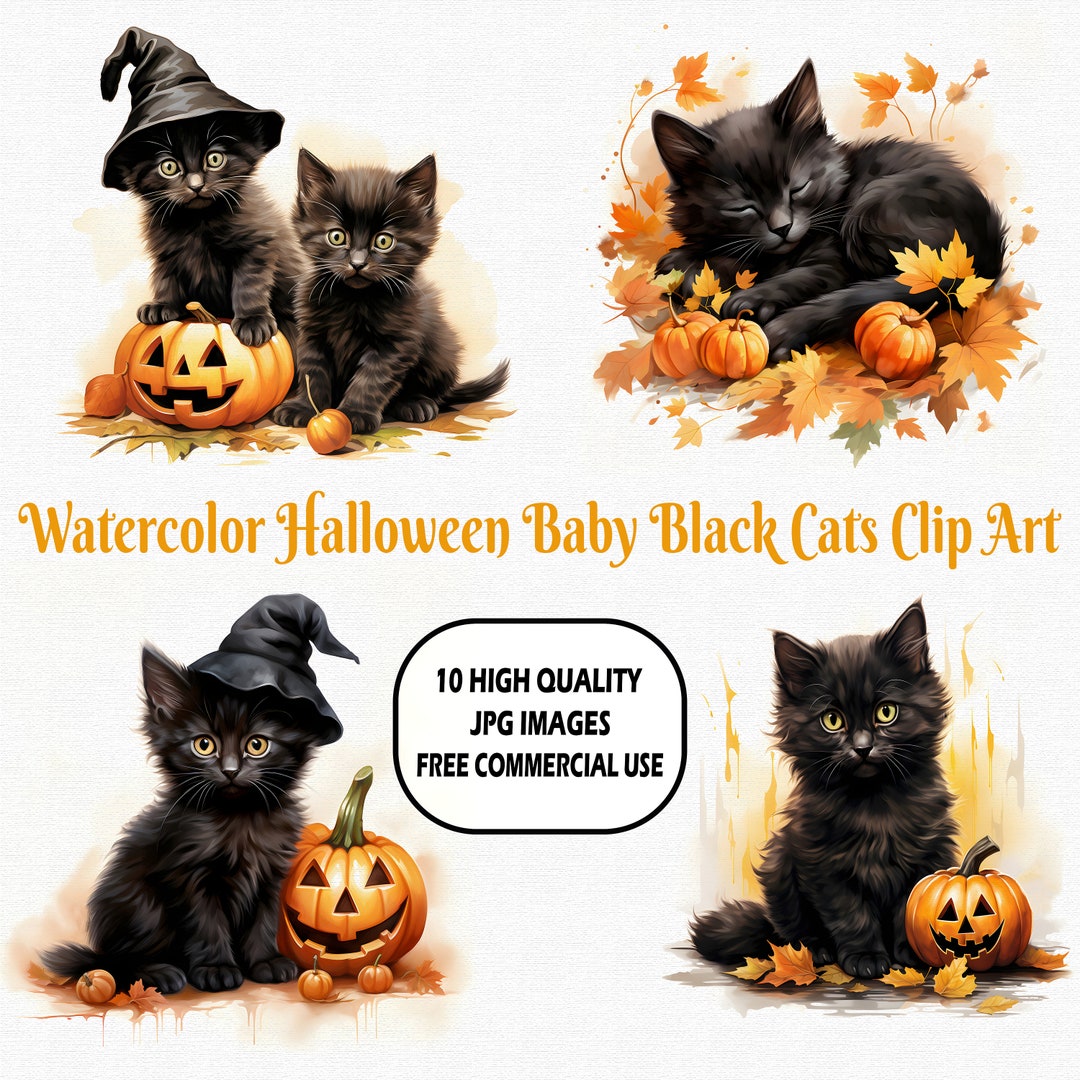 Watercolor Halloween Baby Black Cats Clip Art, 10 High Quality (300 DPI ...