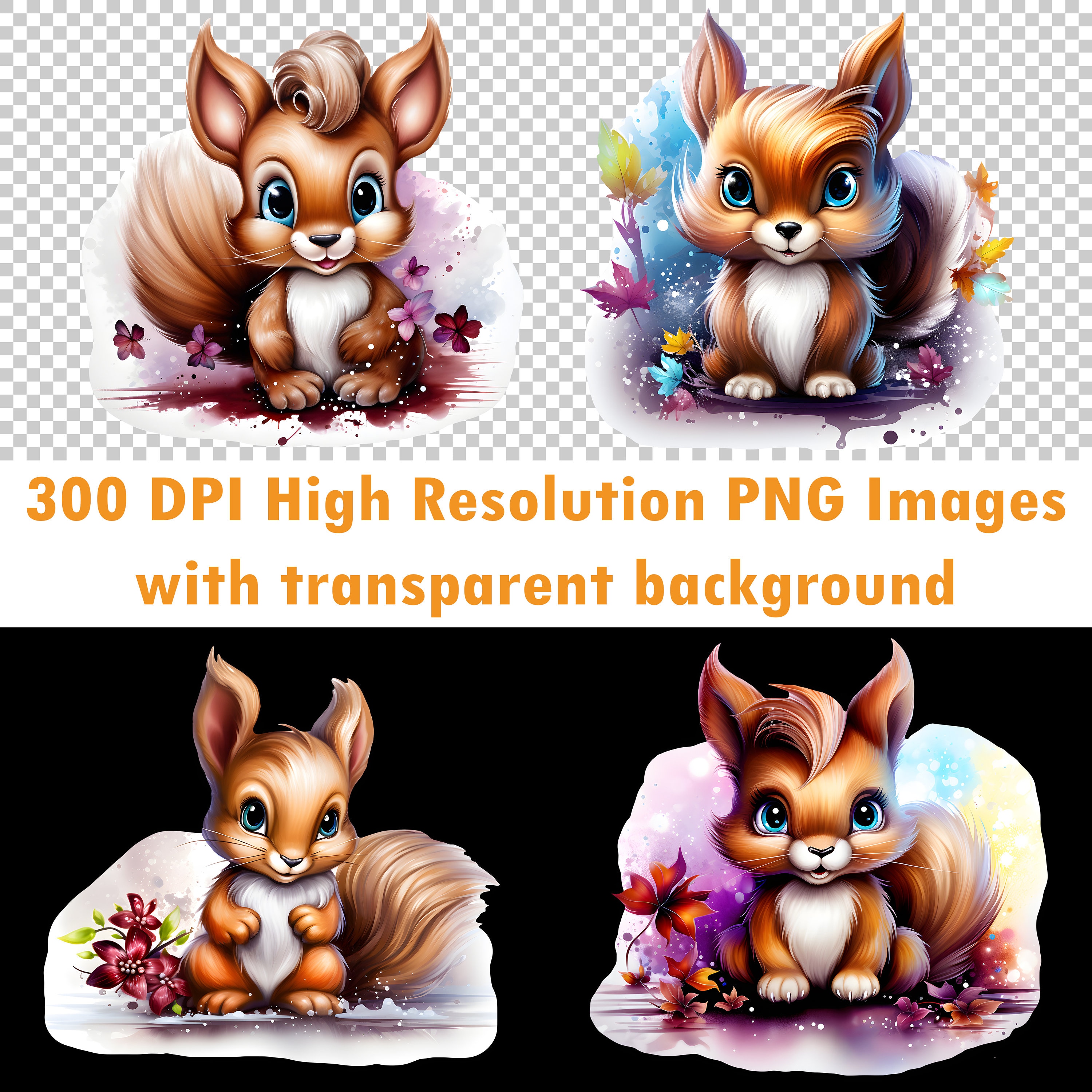 Watercolor Cute Whimsical Squirrel Clipart, 4 (300 DPI) PNG Transparent ...