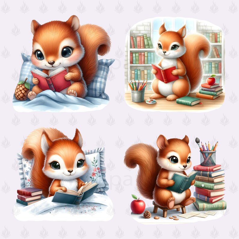 Bookworm Baby Squirrel, 16 (300 DPI) Png Images, Watercolor Cute Baby ...