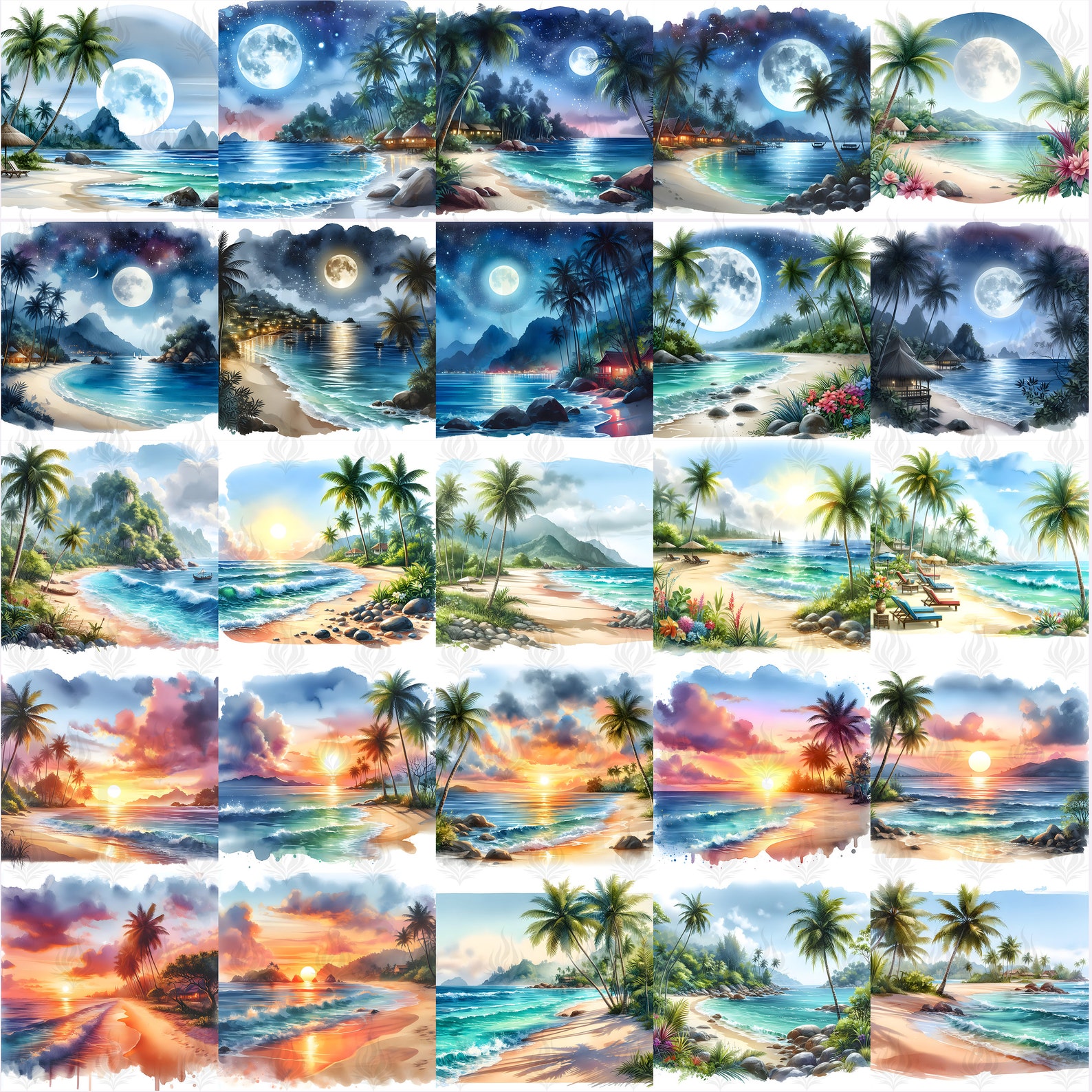 Watercolor Tropical Beach Clipart, 50 HQ (300 DPI) JPG Images ...