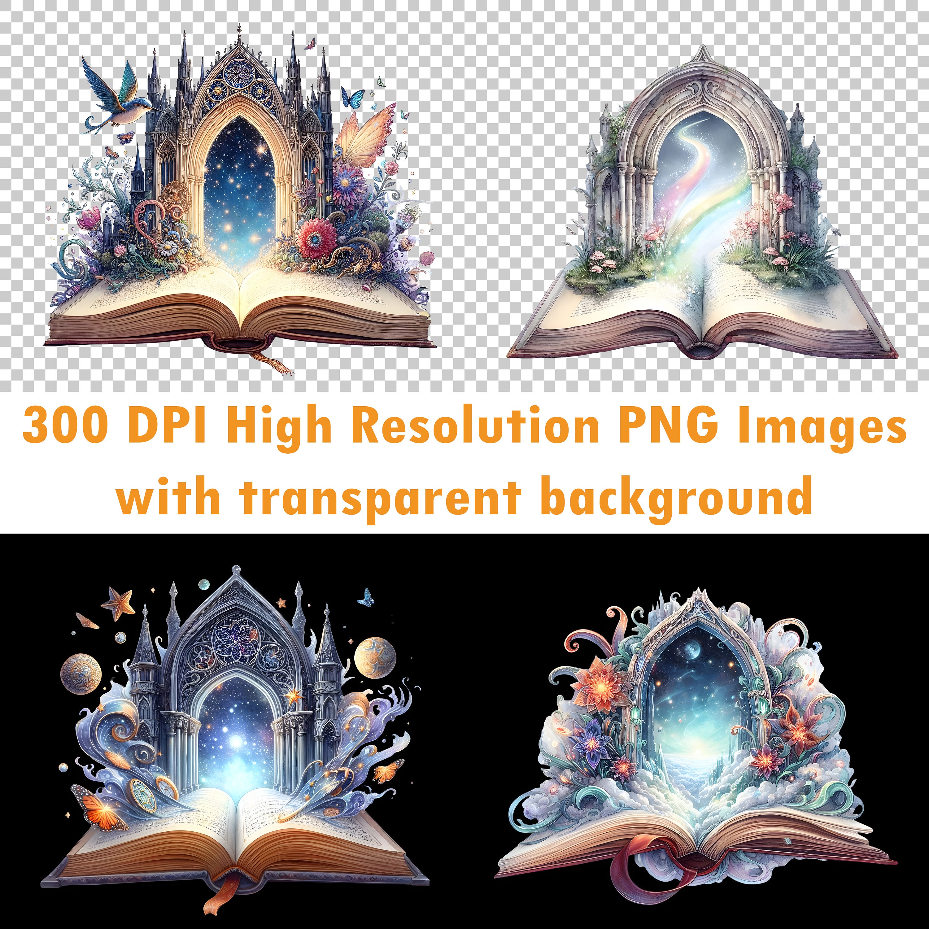 Watercolor Fantasy Book Portal Clipart, 20 (300 DPI) Images, Magical ...