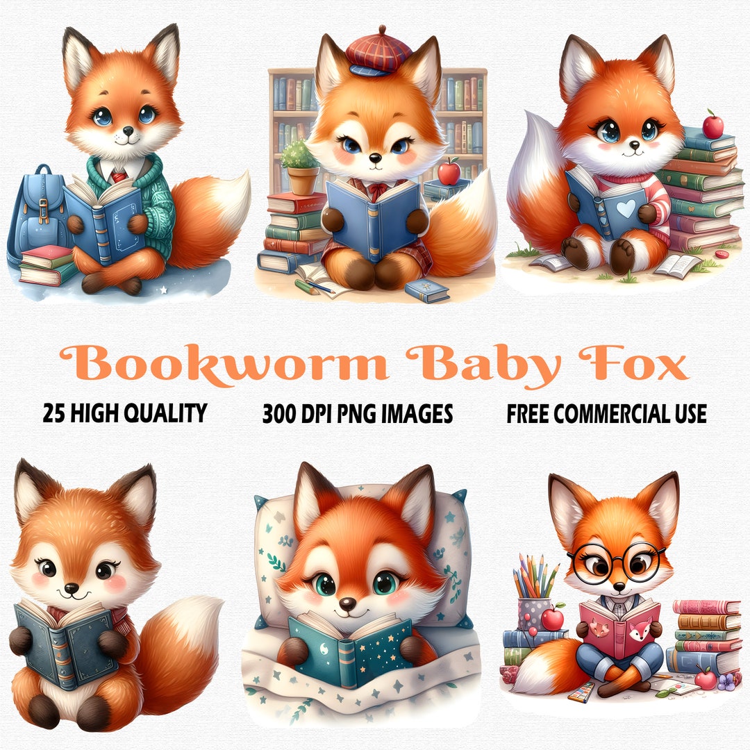 Bookworm Baby Fox, 25 HQ (300 DPI) Png Images, Watercolor Cute Baby Fox ...