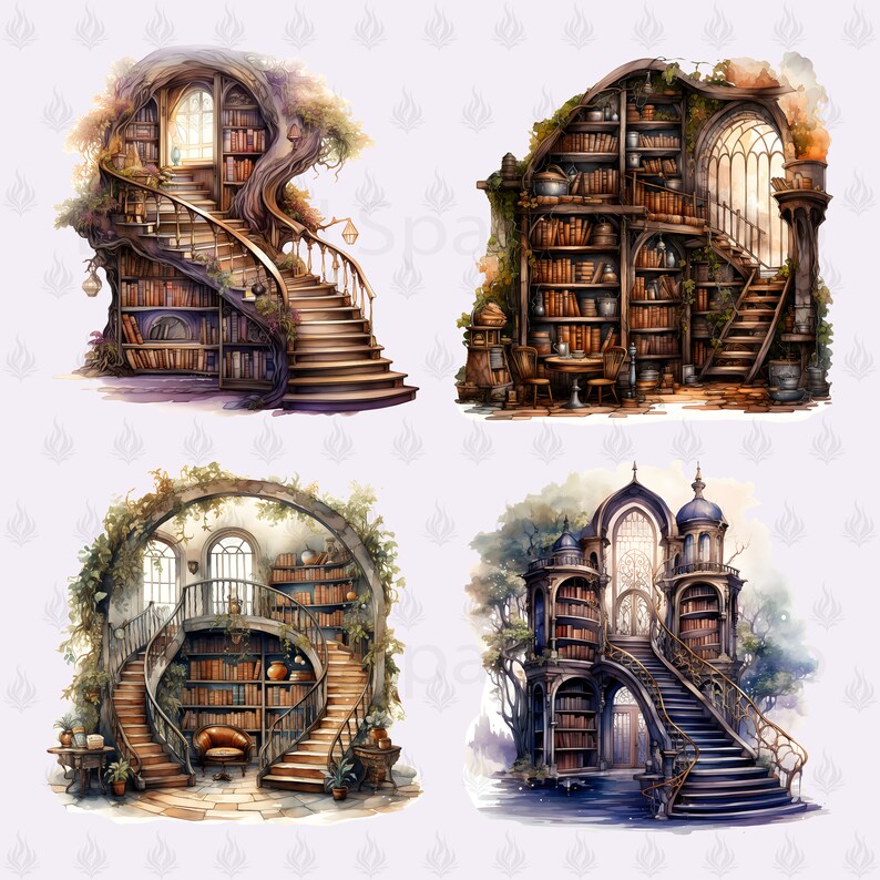Watercolor Fantasy Library Clipart, 20 (300 DPI) Transparent Images ...
