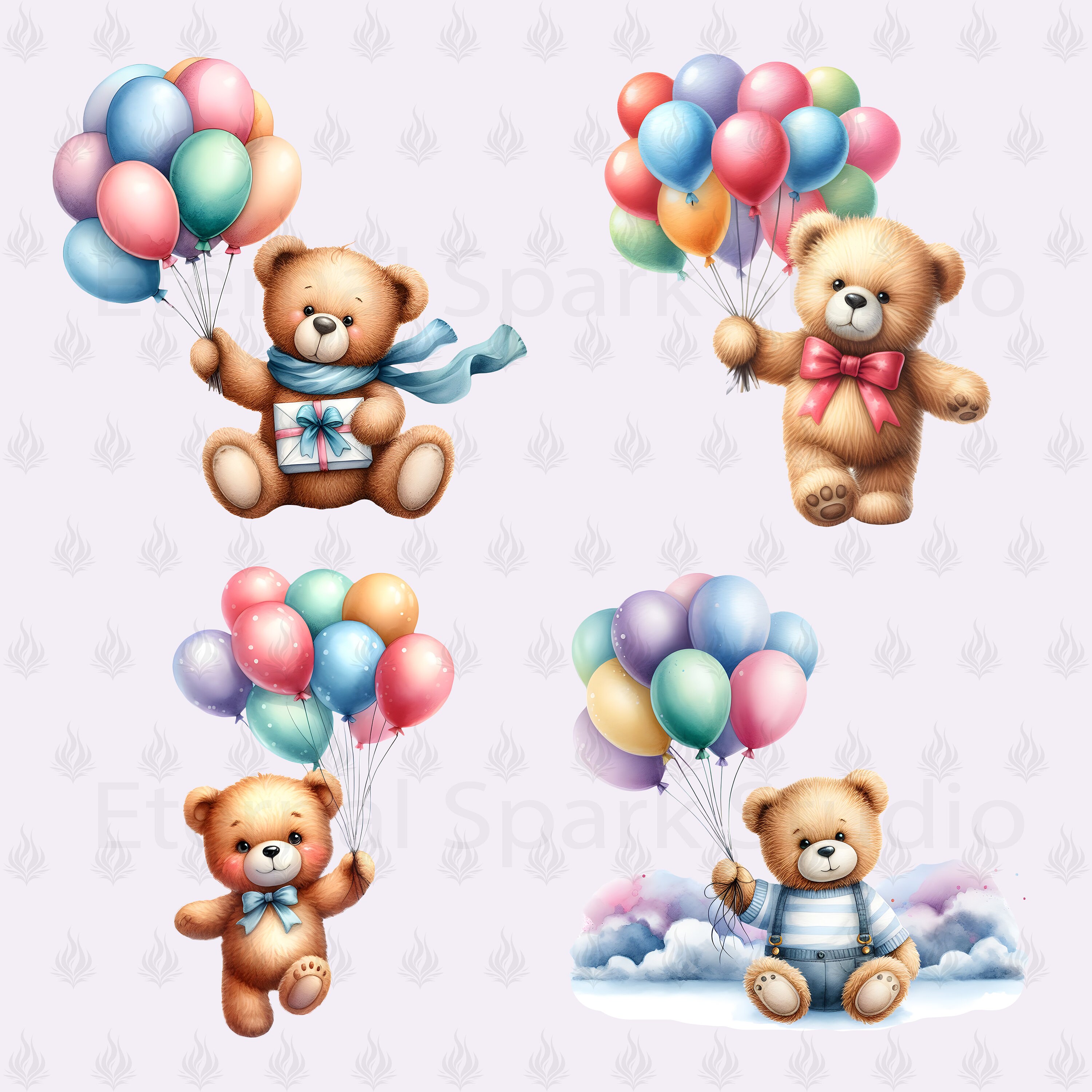 Teddy Bear With Balloons, 12 HQ (300 DPI) Png Images, Watercolor Teddy ...