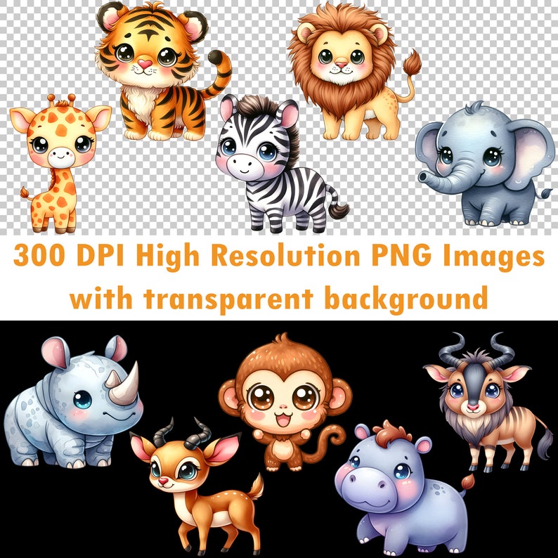 Kawaii Safari Animals, 55 PNG 300 DPI Transparent Images , Cute Kawaii ...