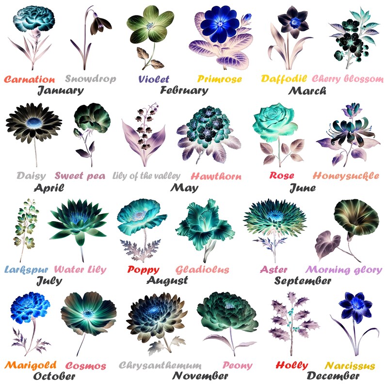 Birth Month Flowers, 24 High Quality (300 DPI) PNG Transparent Images ...