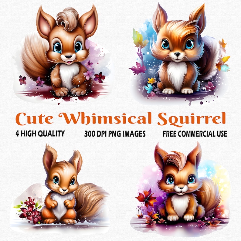 Watercolor Cute Whimsical Squirrel Clipart, 4 (300 DPI) PNG Transparent ...