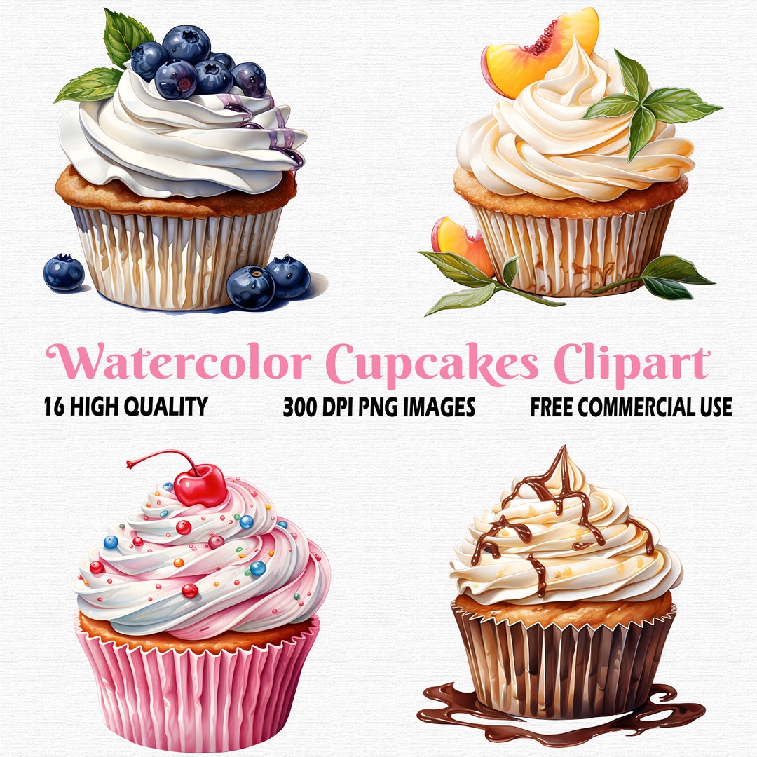 Watercolor Cupcakes Clipart , 16 High Quality (300 DPI) Images With ...