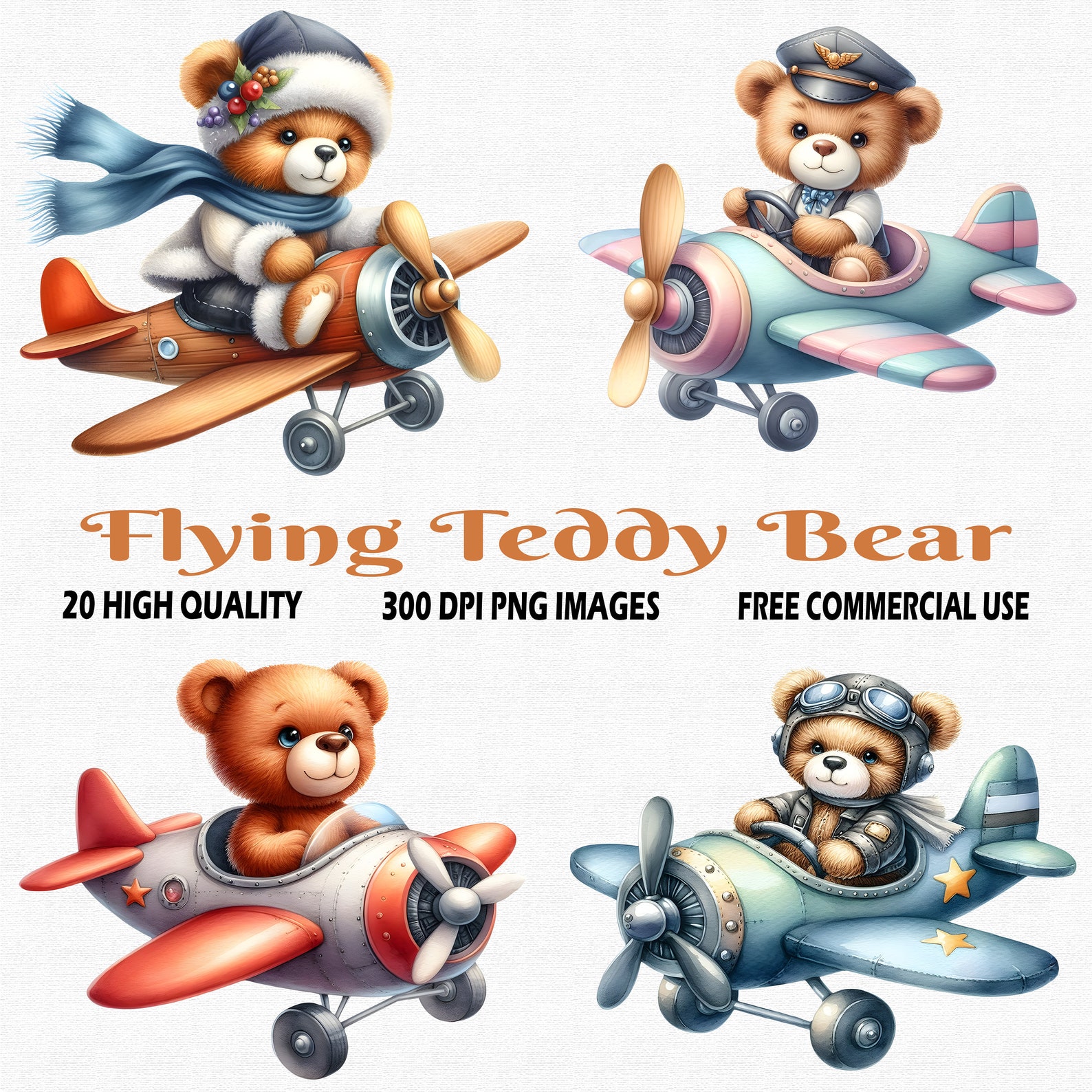 Flying Teddy Bear, 20 HQ (300 DPI) Png Images, Watercolor Flying Teddy ...