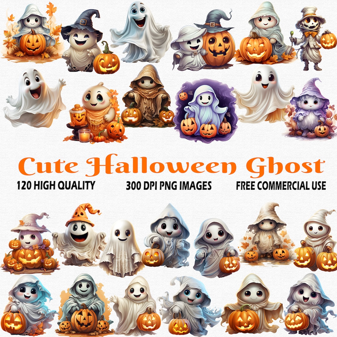 Cute Halloween Ghost Clip Art, 120 High Quality (300 DPI) PNG Images ...