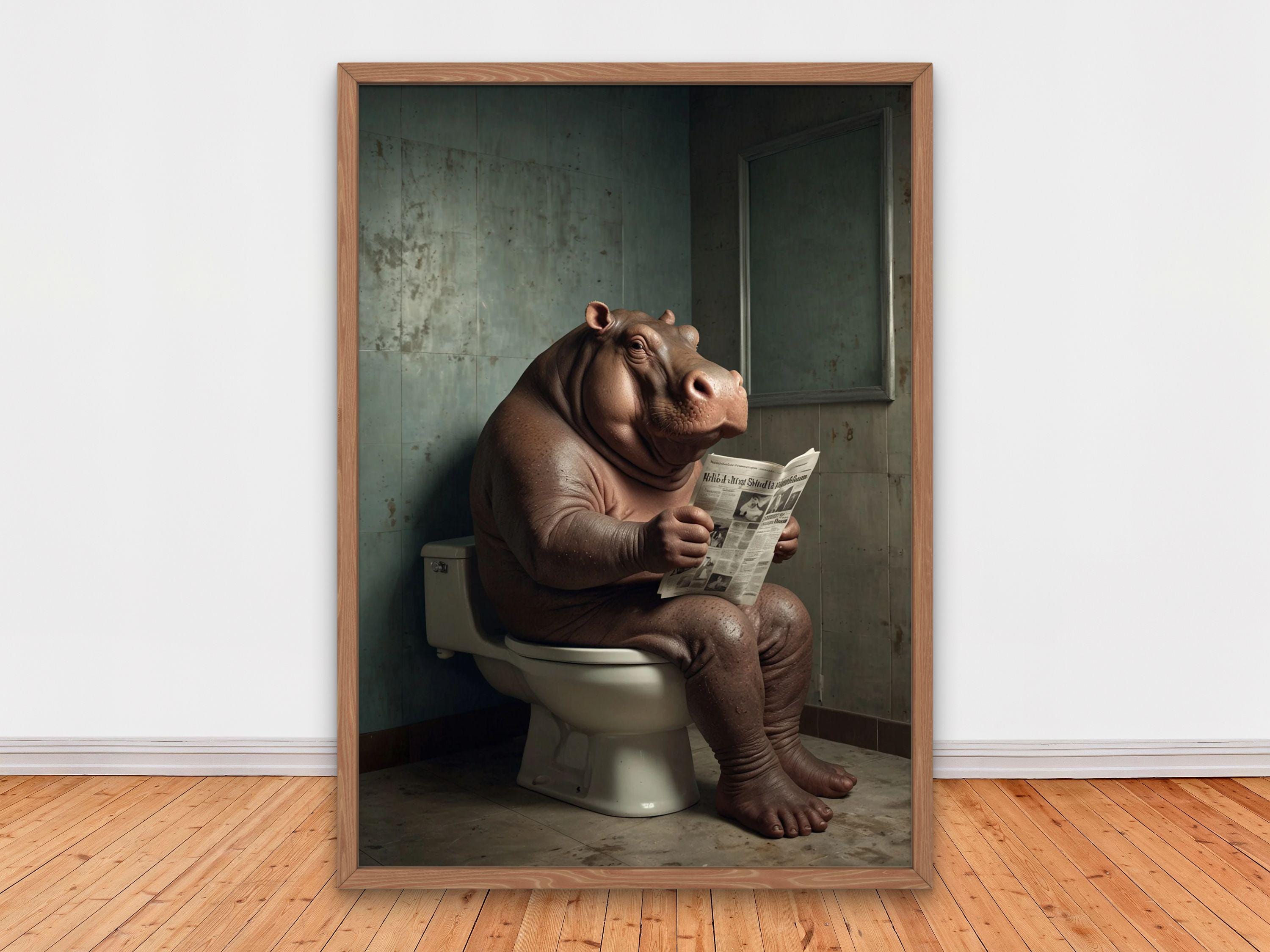 Whimsical Hippo on Toilet Reading Newspaper, Funny Bathroom Wall Decor ...