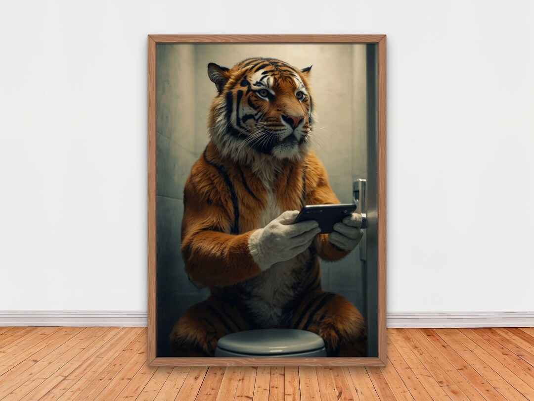 Buy Majestic Tiger Texting on Smartphone While Sitting on Toilet, Funny ...