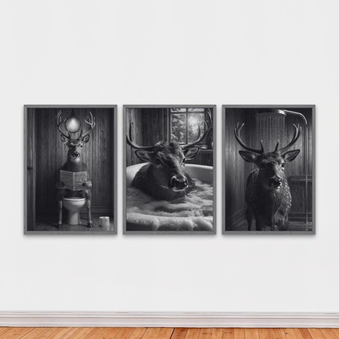 Funny Deer Bathroom Wall Art Set | Black and White Toilet Prints ...