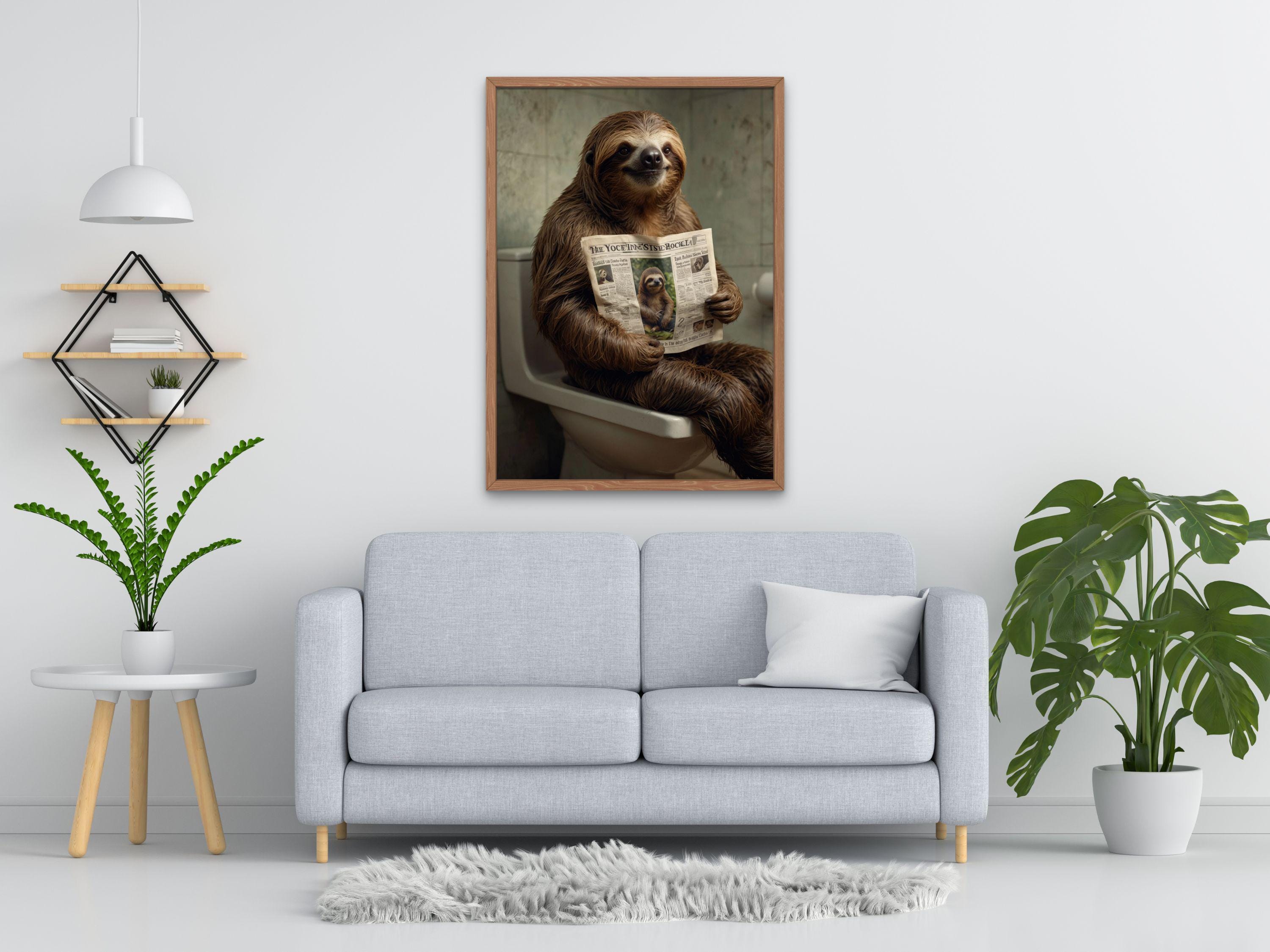 Charming Sloth on Toilet Reading Newspaper, Funny Bathroom Wall Decor ...