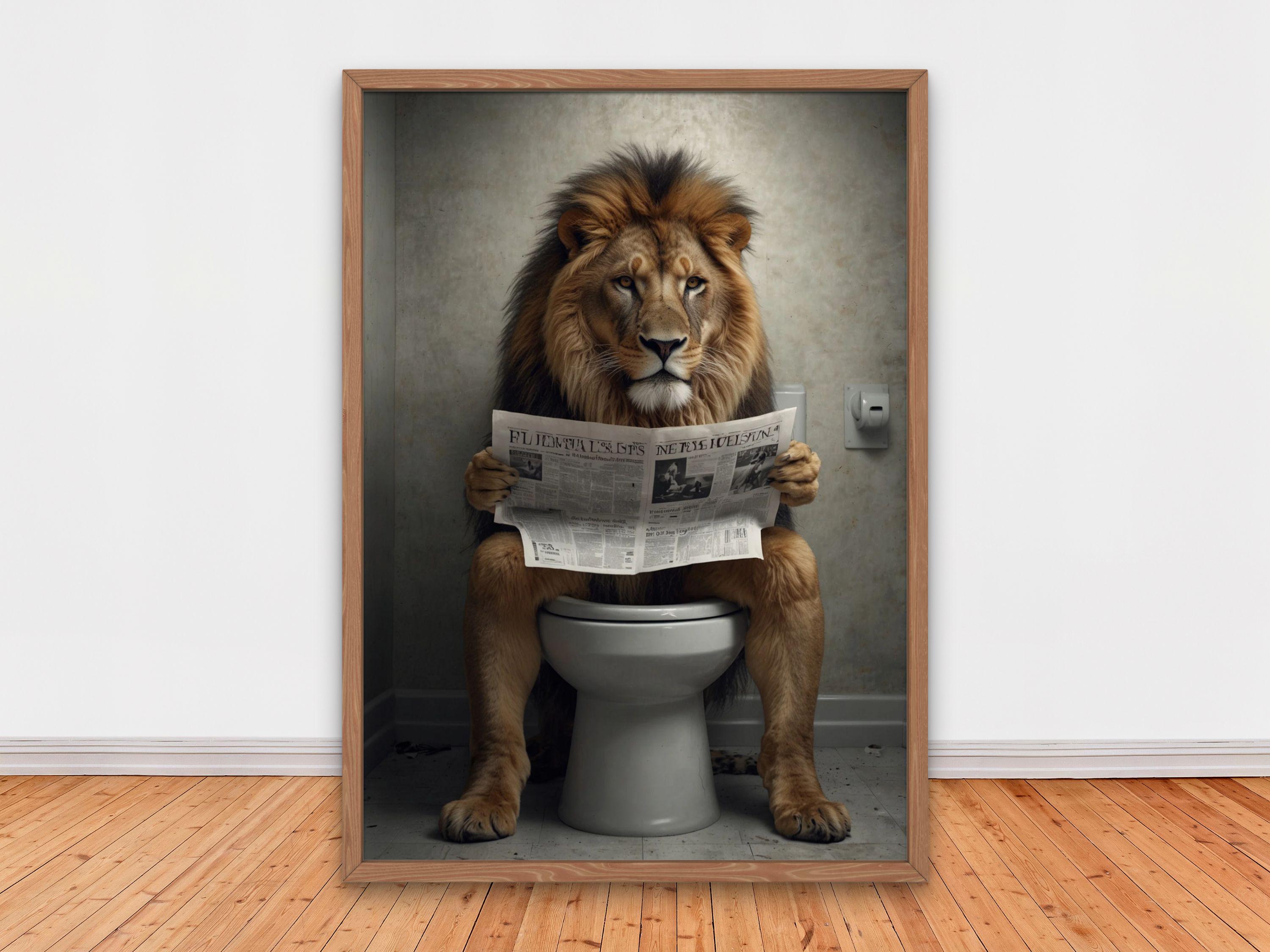 Funny Lion on Toilet Reading Newspaper, Funny Bathroom Wall Decor ...