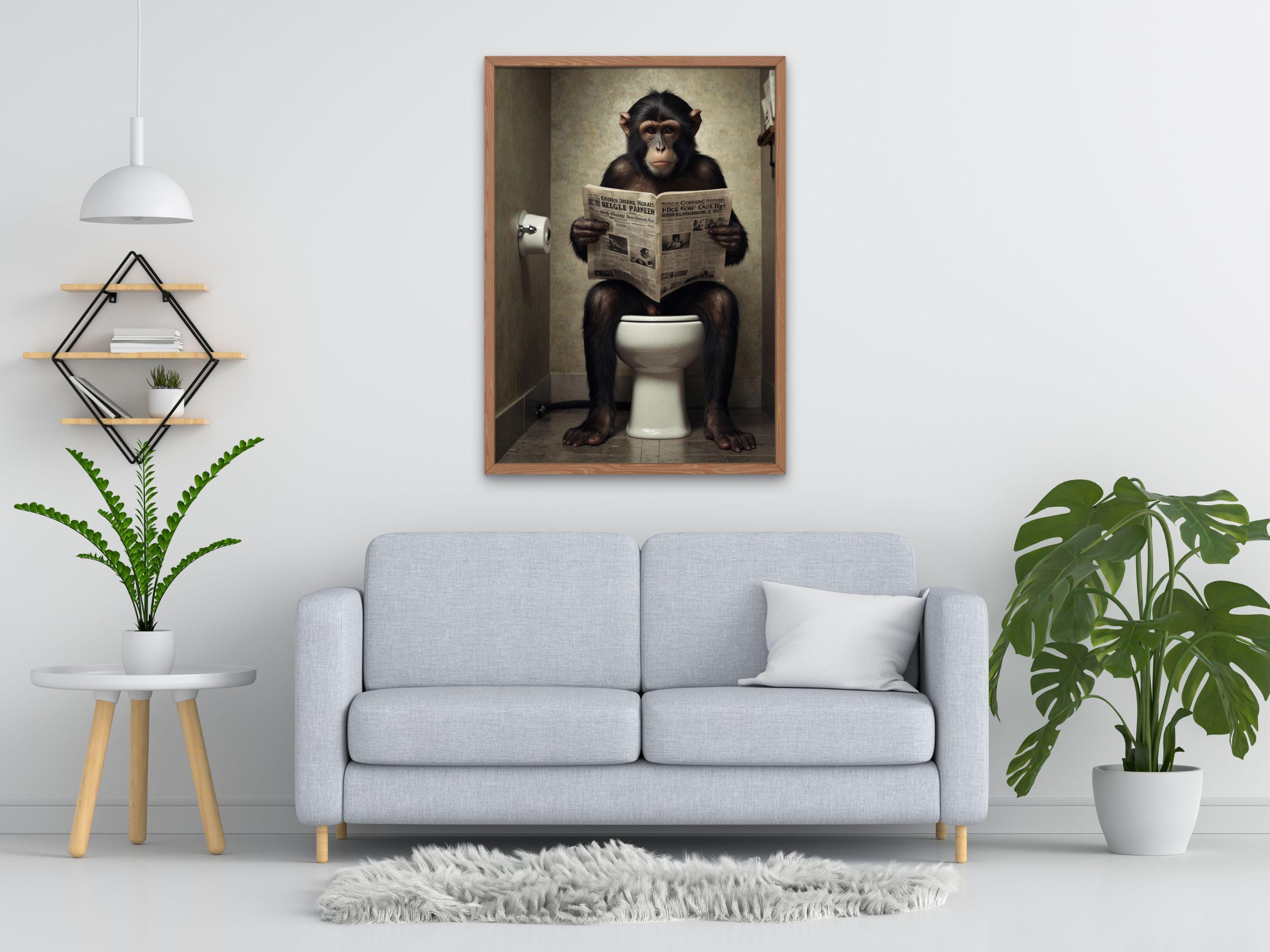 Adorable Monkey Reading Newspaper on Toilet, Funny Bathroom Wall Decor ...