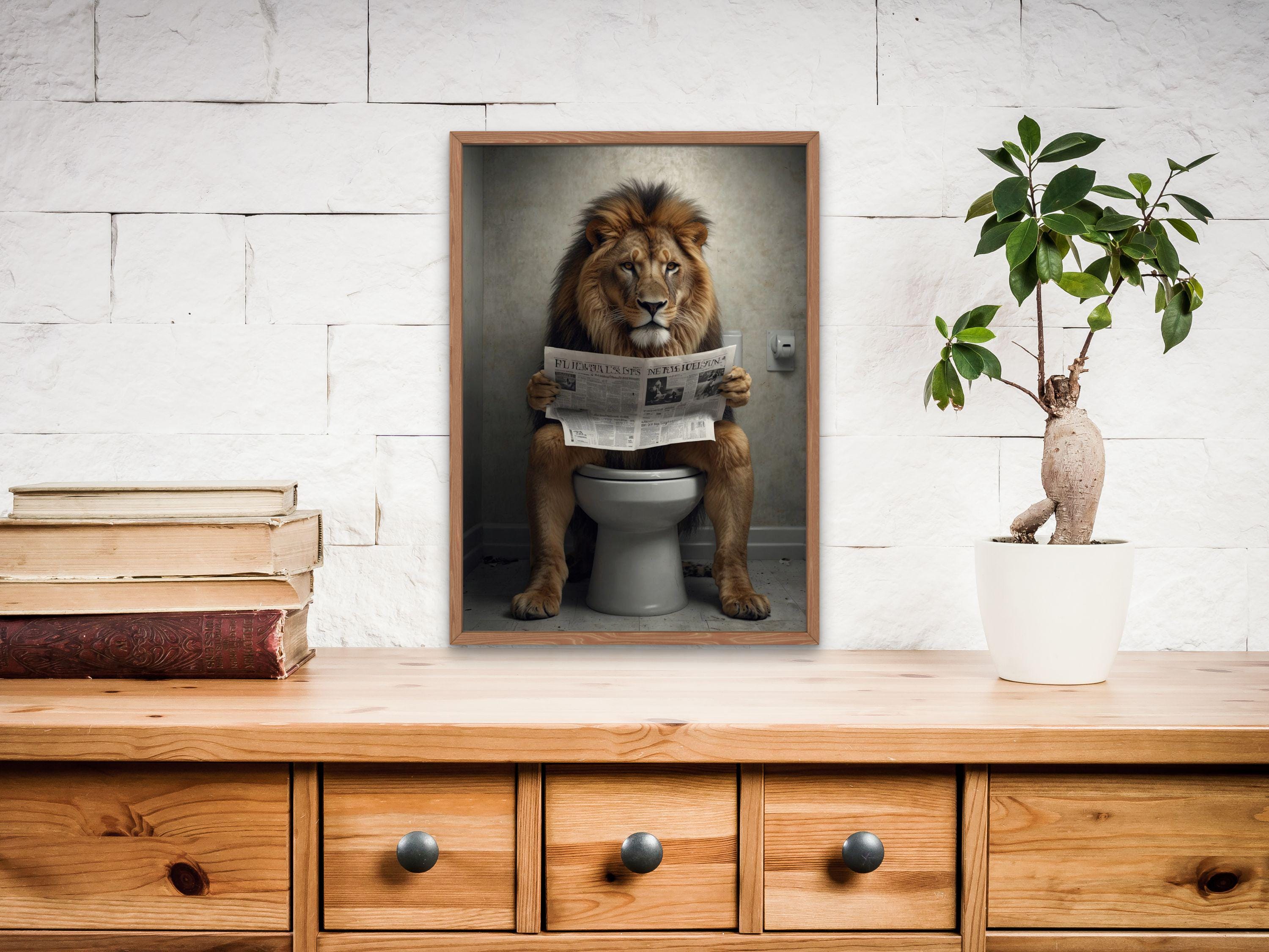 Funny Lion on Toilet Reading Newspaper, Funny Bathroom Wall Decor ...