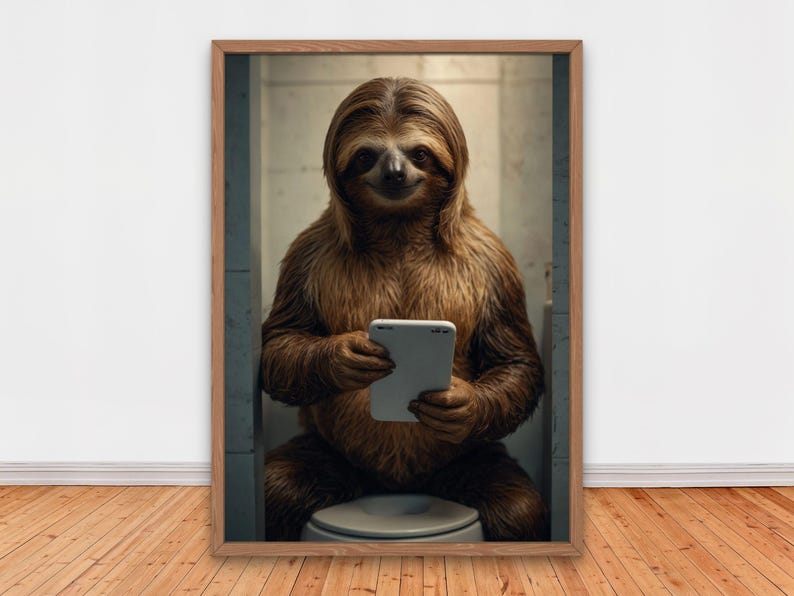 Smiling Sloth on Toilet Holding Smartphone, Funny Bathroom Wall Decor ...