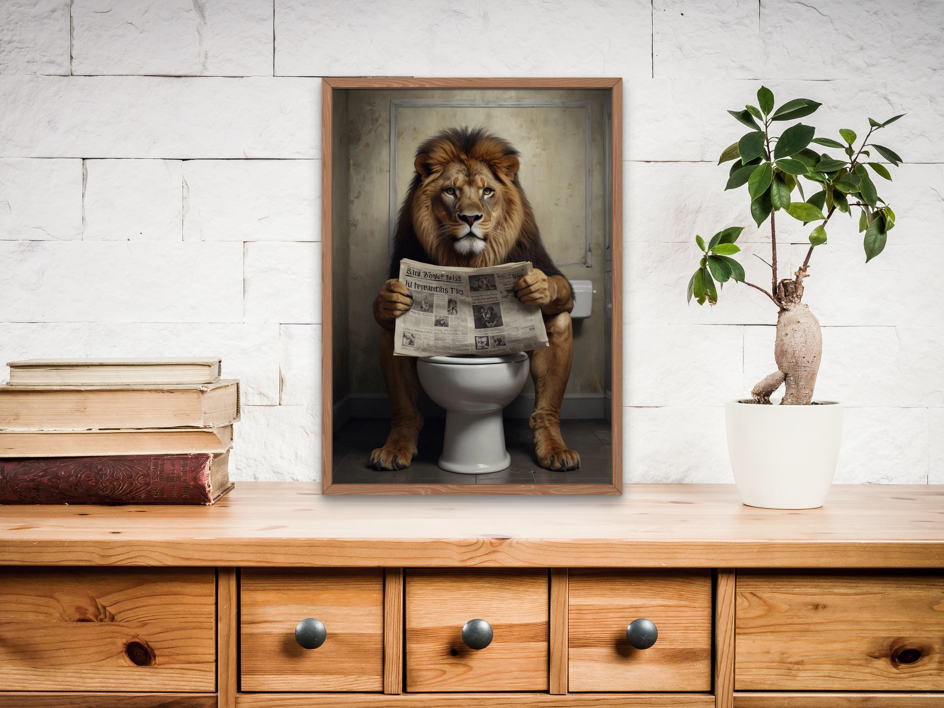 Funny Lion Sitting on the Toilet Reading a Newspaper, Funny Bathroom ...