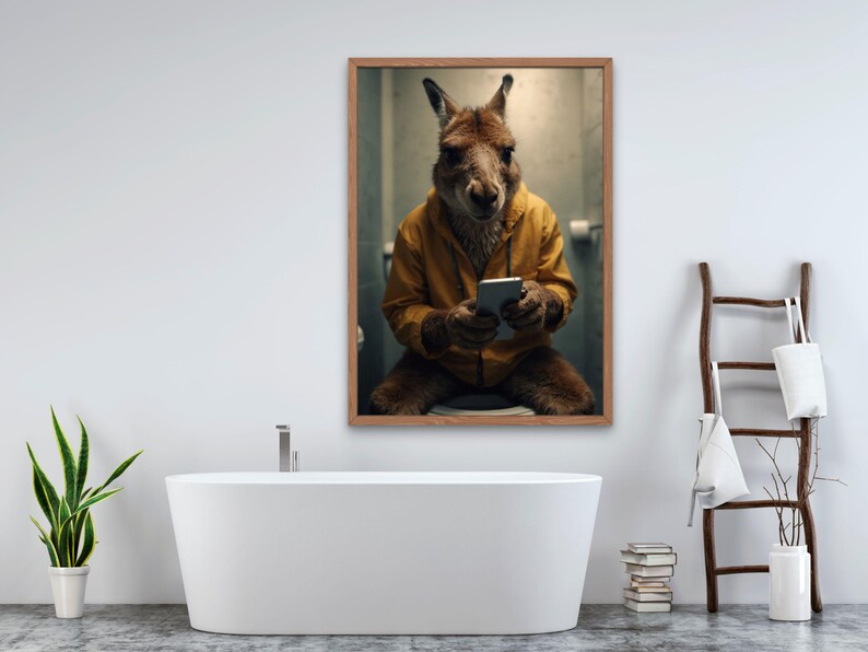 Funny Kangaroo in Yellow Jacket on Toilet With Smartphone, Funny ...