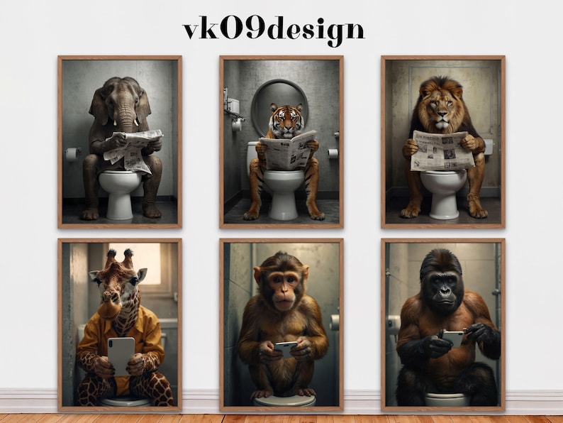 Funny Safari Animals on Toilet Art Set, Bundle of 6, Funny Bathroom ...