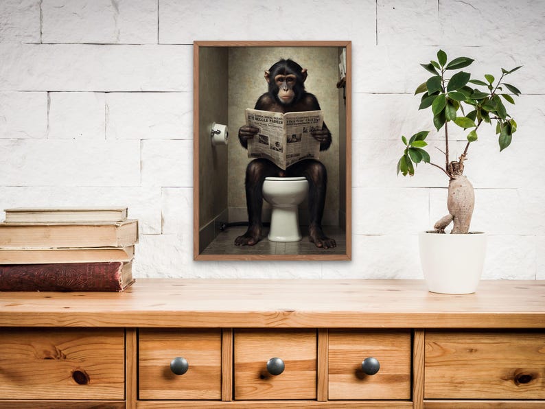 Adorable Monkey Reading Newspaper on Toilet, Funny Bathroom Wall Decor ...