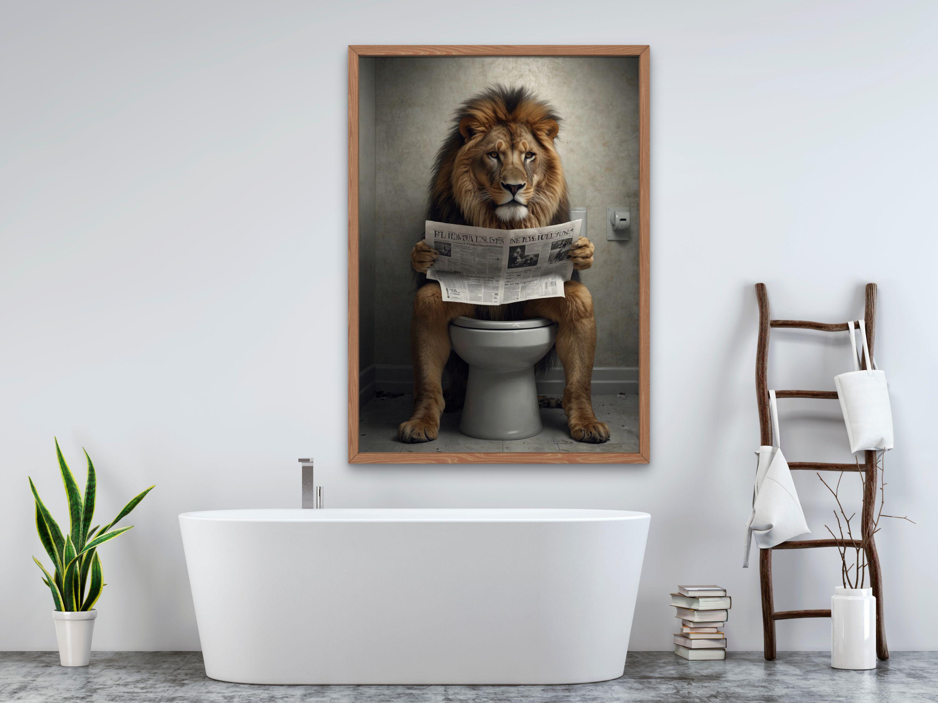 Funny Lion on Toilet Reading Newspaper, Funny Bathroom Wall Decor ...