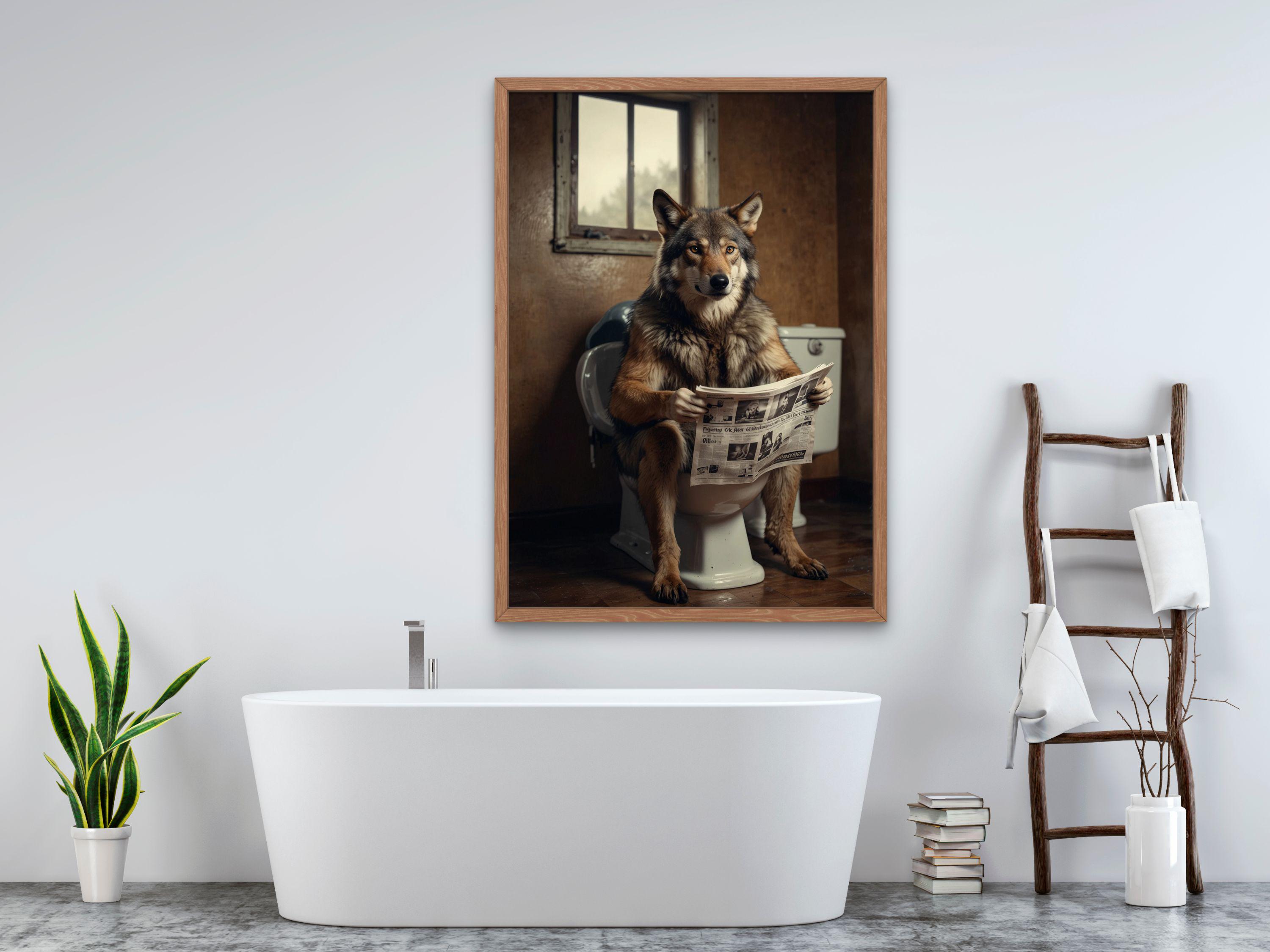 Funny Wolf on Toilet Wall Art | Timber Wolf Reading Newspaper Print ...
