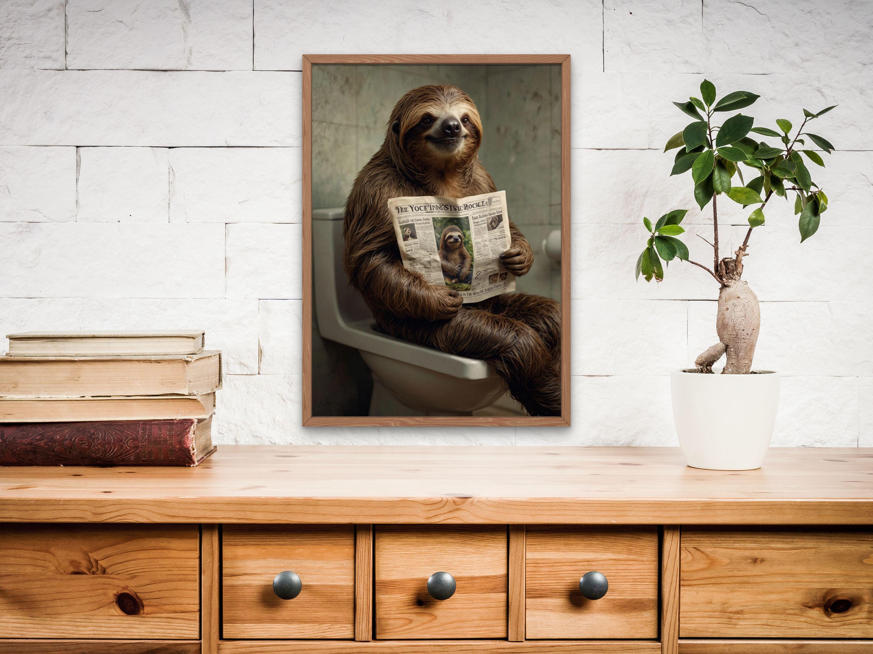 Charming Sloth on Toilet Reading Newspaper, Funny Bathroom Wall Decor ...