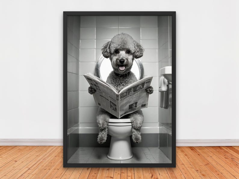 Funny Poodle Reading Newspaper Toilet Art | Adorable Dog Bathroom Wall ...