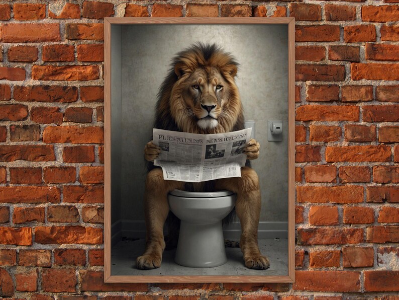 Funny Lion on Toilet Reading Newspaper, Funny Bathroom Wall Decor ...
