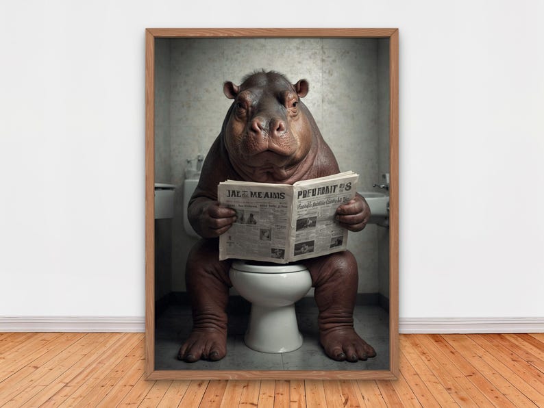Funny Hippo Bathroom Wall Art | Hippopotamus on Toilet Print | Digital ...
